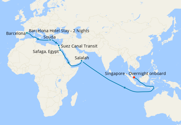 Mediterranean to the Far East via Suez Canal with Barcelona Stay, 8 ...