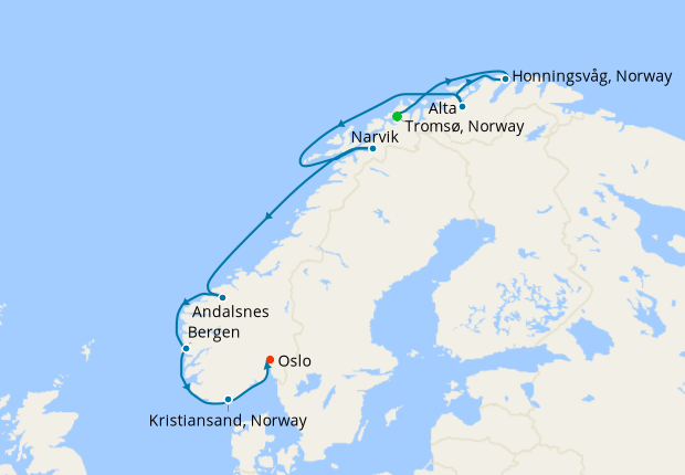 The North Cape Line from Tromso to Oslo, Hurtigruten, 19th February ...