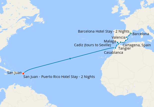 Transatlantic with Barcelona and San Juan Stays, 11 November 2027 | 19 ...